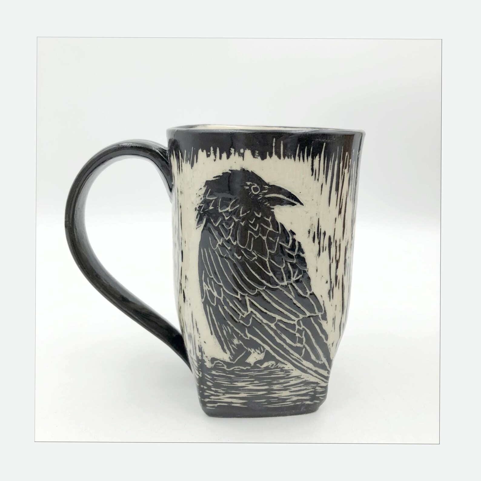 Handmade Raven Crow Pottery Mug Handbuilt Ceramic Coffee Mug Sgraffito ...