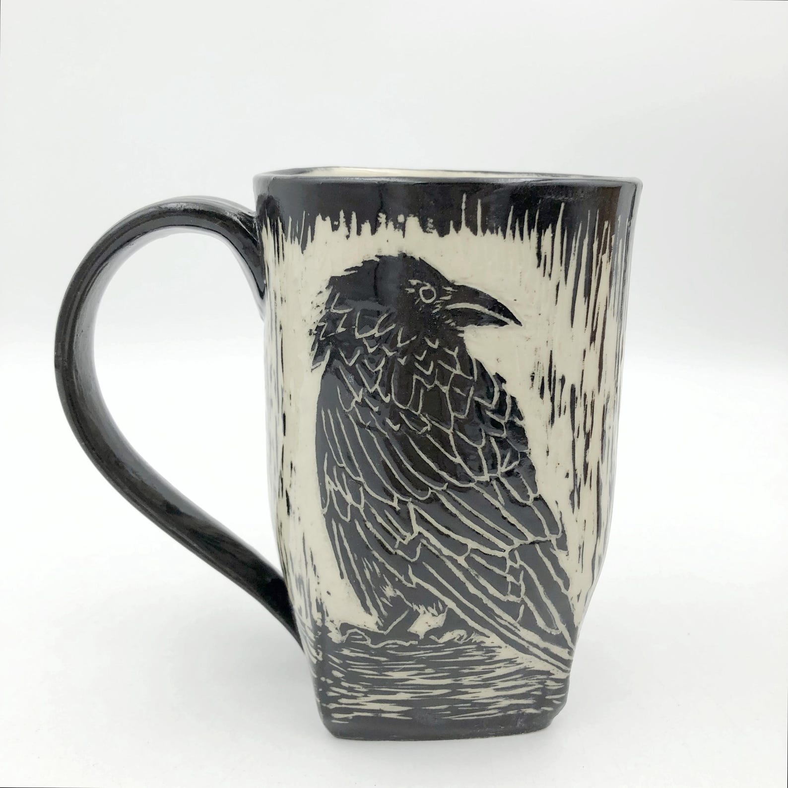 Handmade Raven Crow Pottery Mug Handbuilt Ceramic Coffee Mug Sgraffito ...