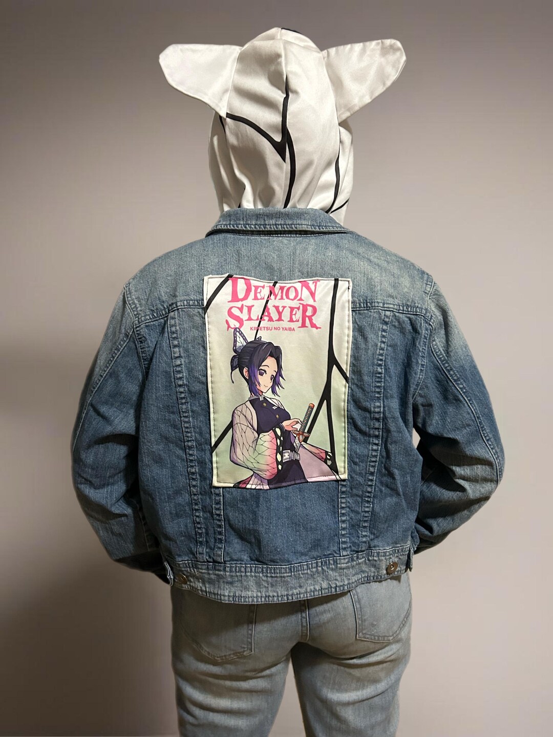 Demon Slayer Custom Altered Blue Denim Jacket With Hood-unique Upcycled ...