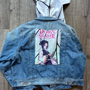 Demon Slayer Custom Altered Blue Denim Jacket With Hood-unique Upcycled ...