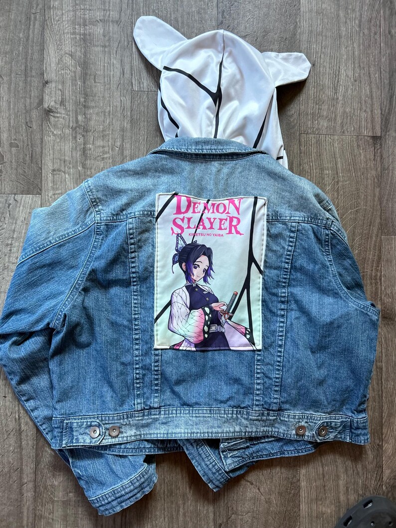 Demon Slayer Custom Altered Blue Denim Jacket With Hood-unique Upcycled ...