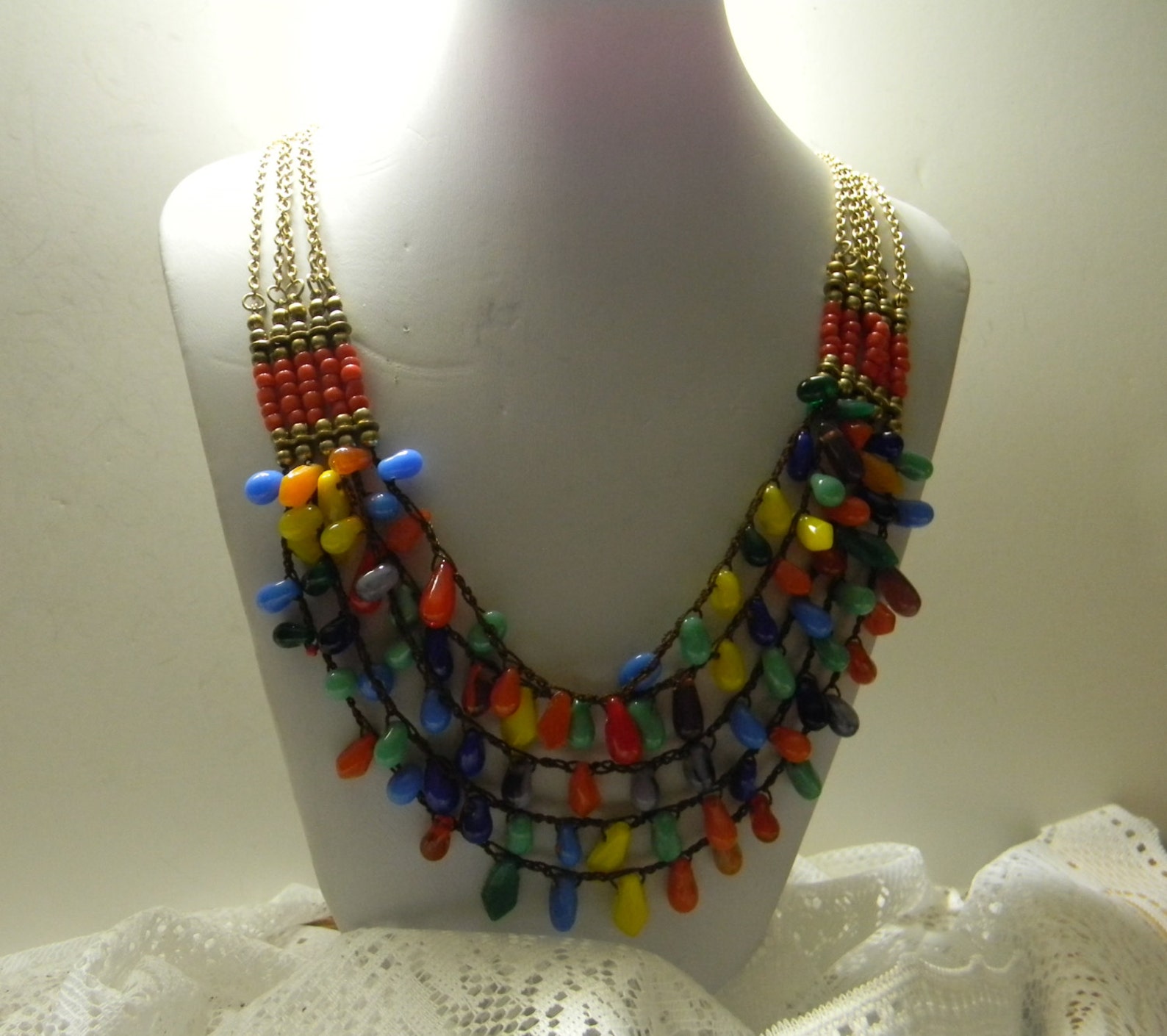 5 Strand Beaded Necklace Acrylic Multi Color Beads Brown Cord | Etsy