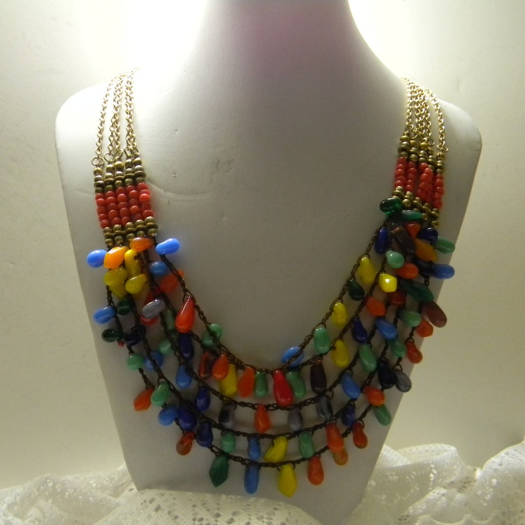 5 Strand Beaded Necklace Acrylic Multi Color Beads Brown Cord - Etsy
