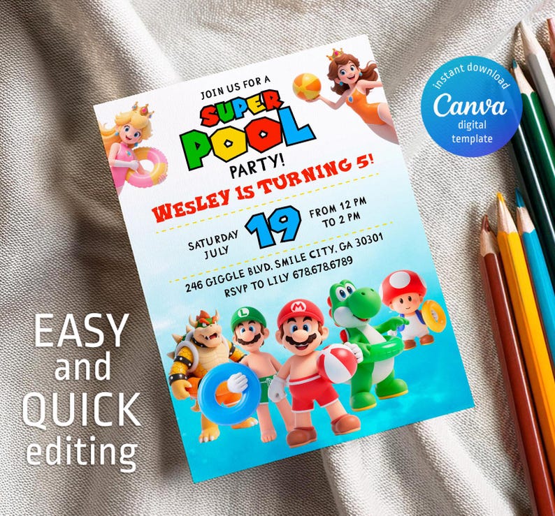 Mario Bros Invitation, Birthday Invite Boy Girl, Super Mario Pool Party ...
