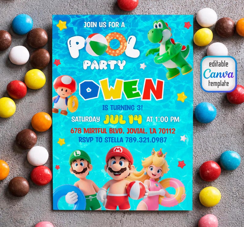 Mario Bros Invitation, Birthday Invite Boy Girl, Super Mario Pool Party ...