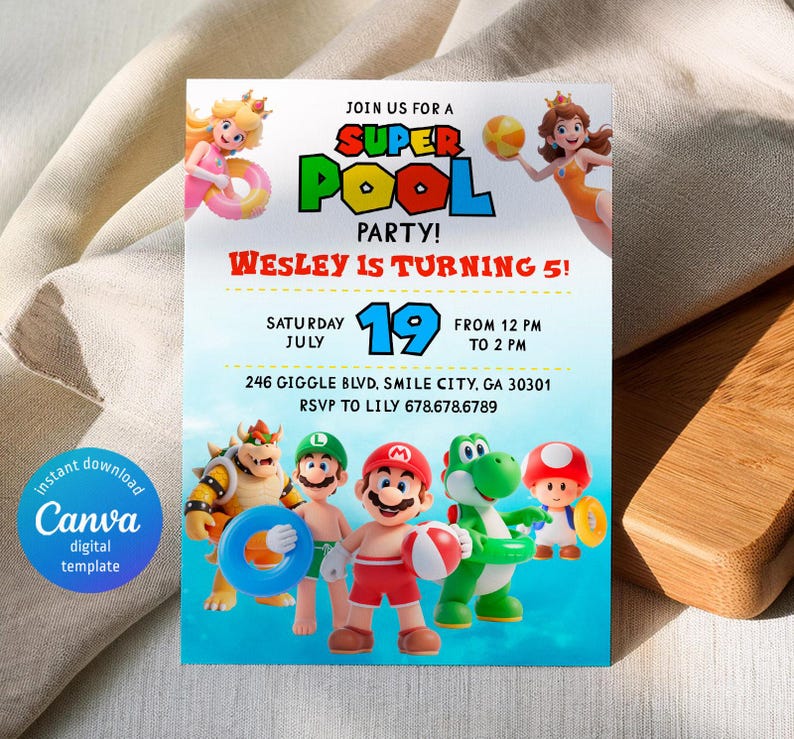 Mario Bros Invitation, Birthday Invite Boy Girl, Super Mario Pool Party ...