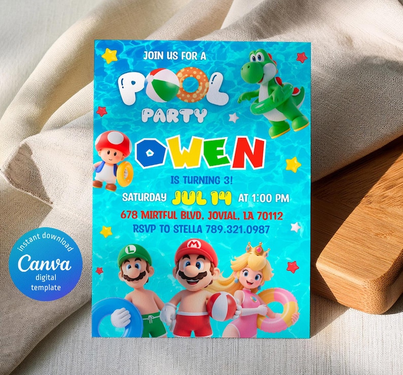 Mario Bros Invitation, Birthday Invite Boy Girl, Super Mario Pool Party ...