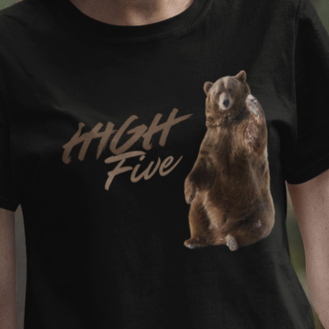 Funny Grizzly Bear High Five T-shirt, Cute Animal Graphic Tee, Men's ...