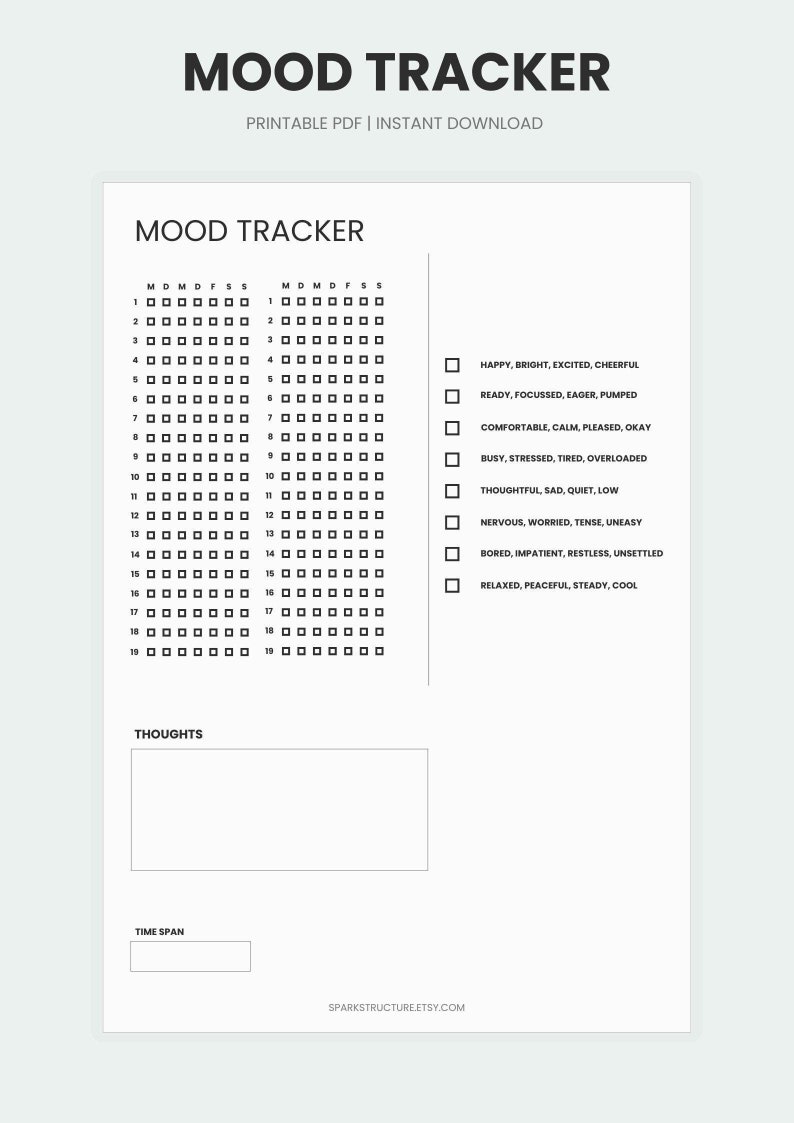 Mood Tracker Printable, Mood Journal, Mood Tracker Chart, Wellness ...
