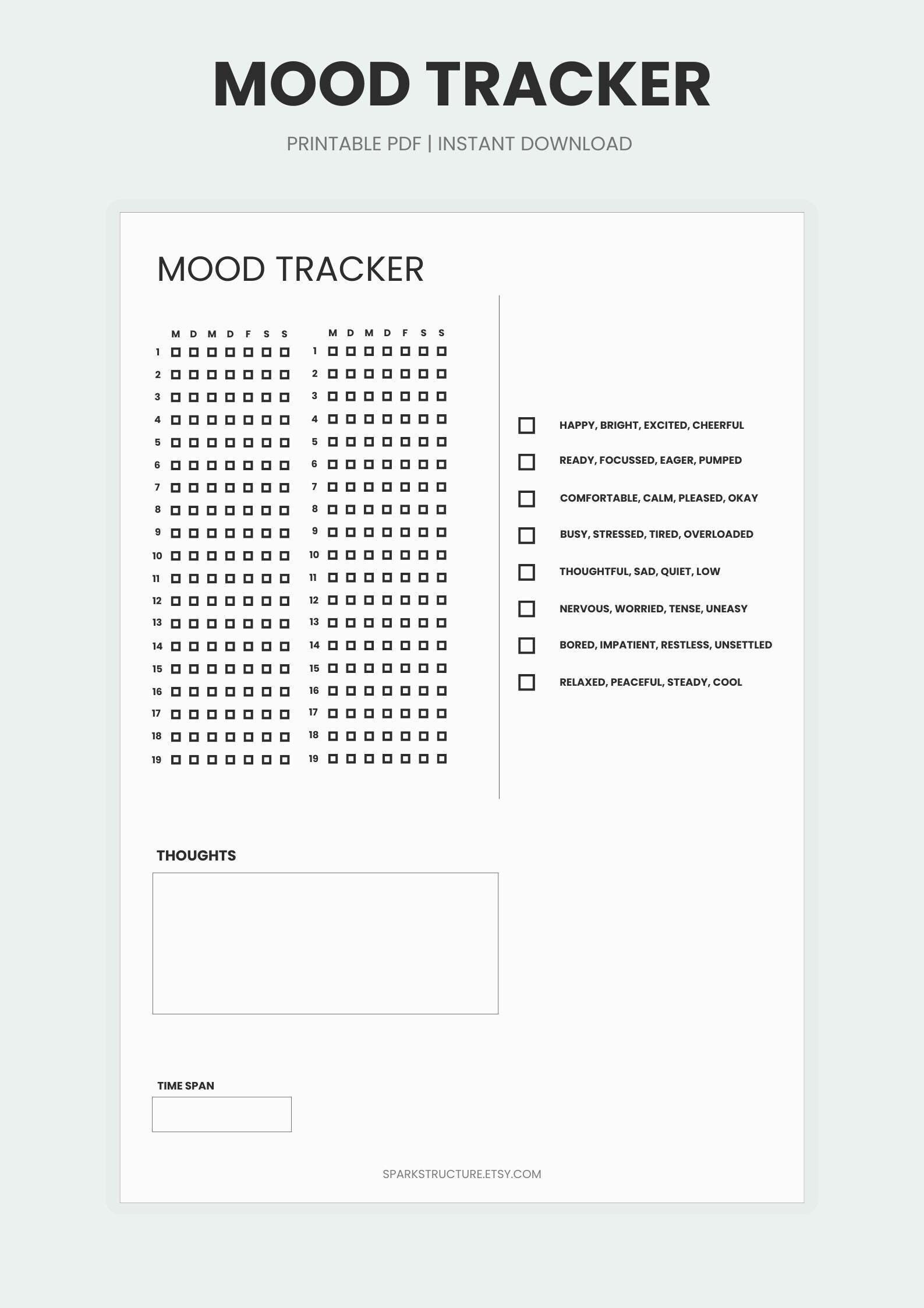 Mood Tracker Printable, Mood Journal, Mood Tracker Chart, Wellness ...