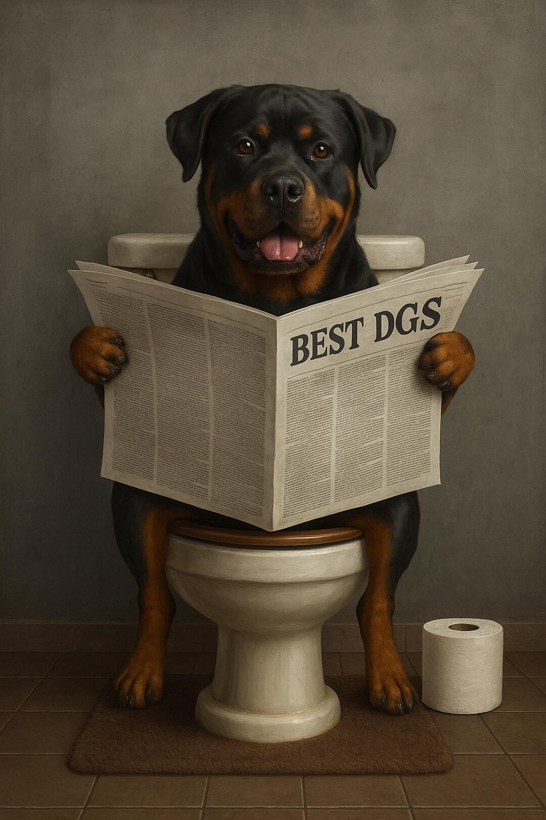 Black Rottweiler on Toilet Print – Funny Dog Bathroom Decor, Pet Art ...