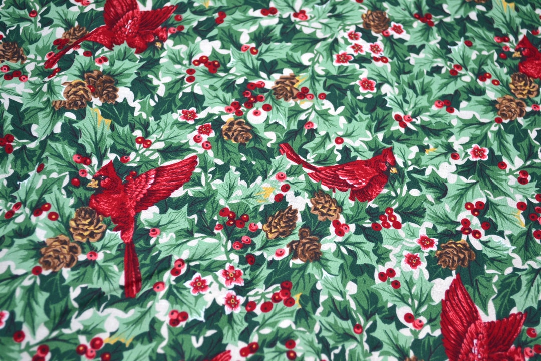 Vintage Christmas Fabric Red Cardinal Birds Holly and Pinecones ...