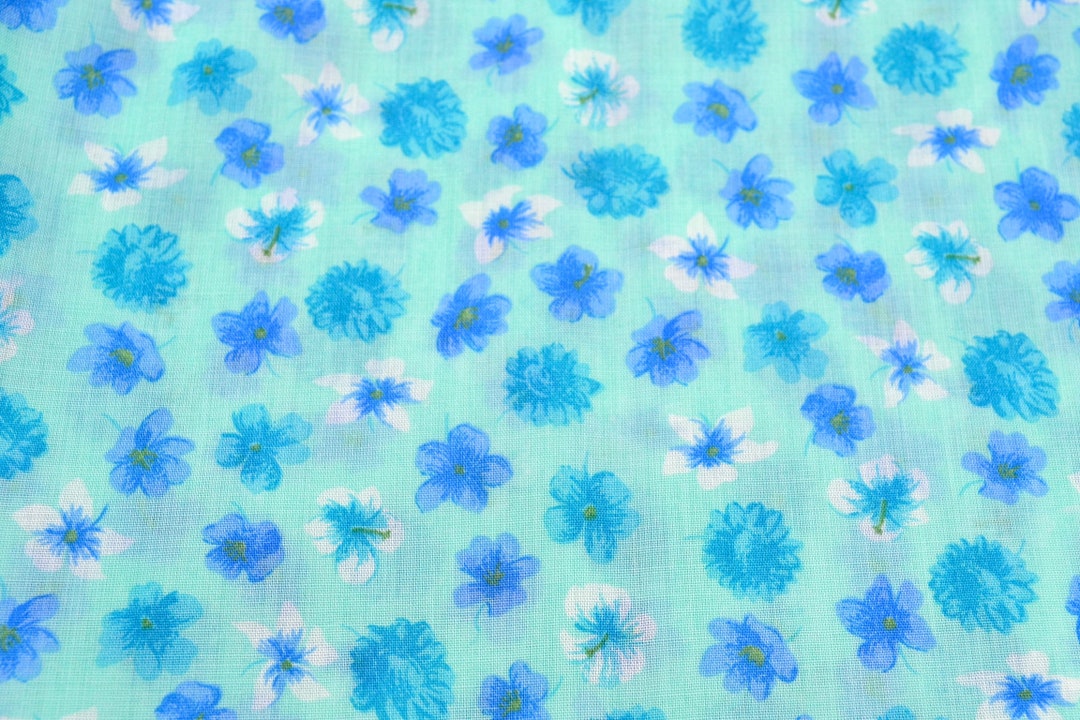 Vintage Fabric - Purple Turquoise Flowers on Aqua Blue - Cotton Poly ...