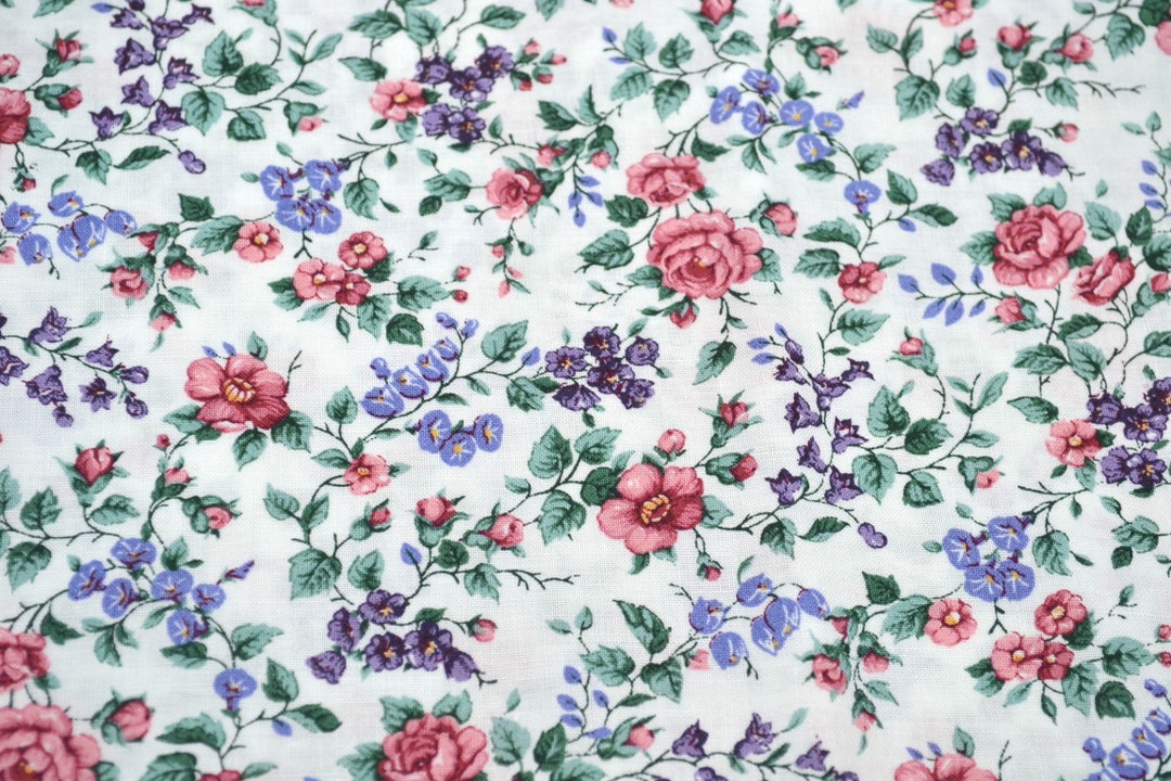Vintage Cranston Fabric - Pink Purple Roses and Wildflowers - Joan ...