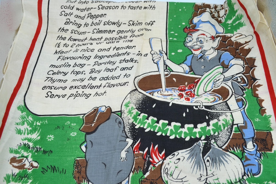 Vintage Linen Kitchen Towel - Elf Gnomes Irish Stew Recipe - Ireland ...