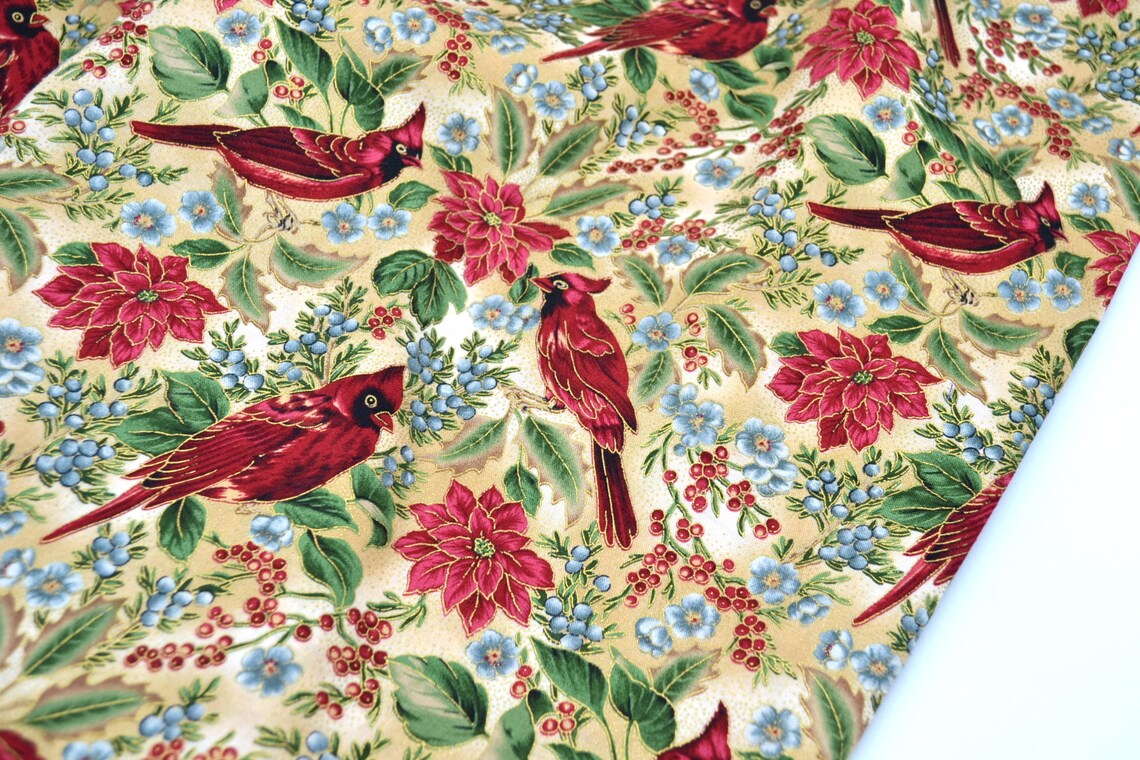 Hoffman Christmas Fabric Red Cardinal Birds and Poinsettias - Etsy