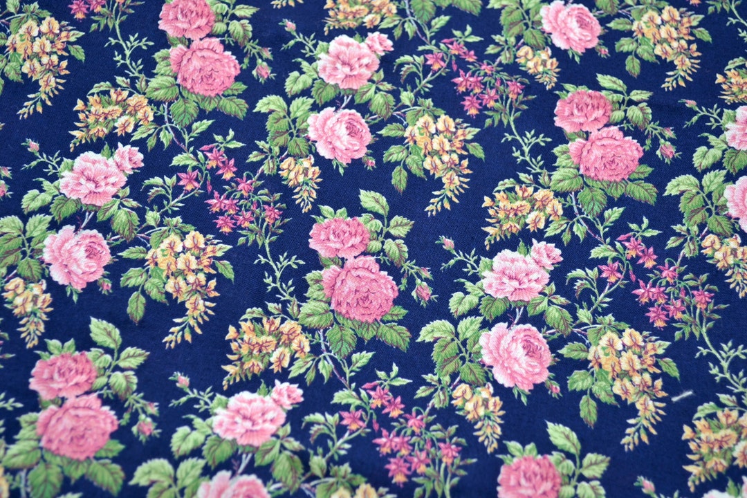 Vintage Cranston Fabric - Pink Roses and Flowers on Navy Blue - Cotton ...