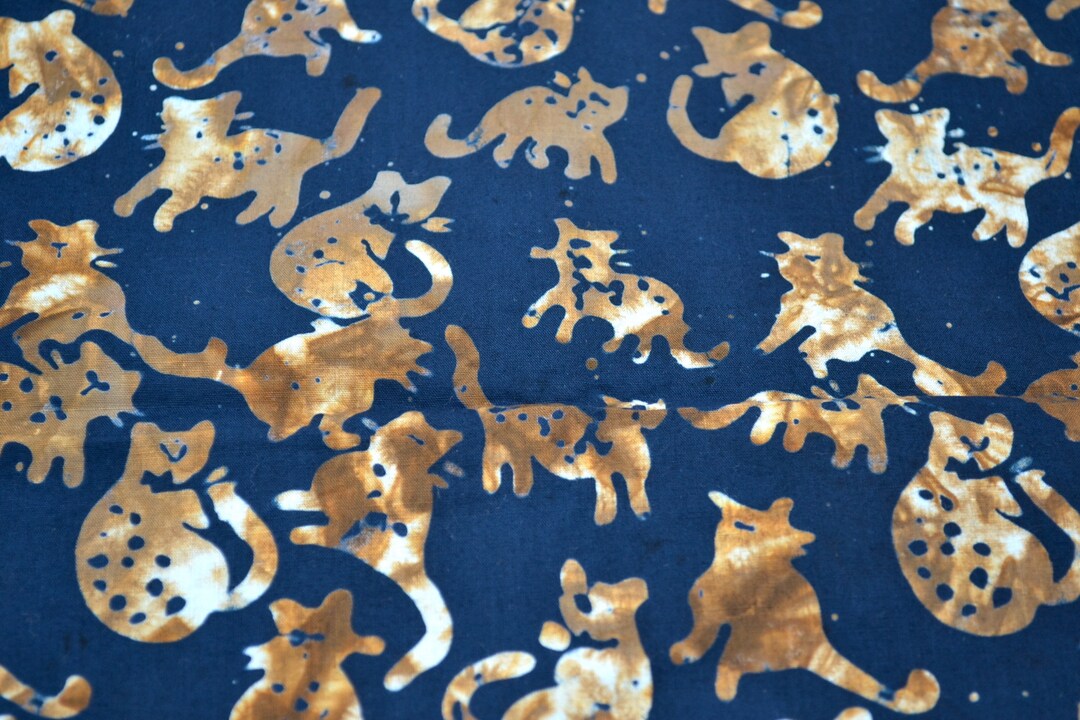 Vintage Batik Fabric Golden Brown Cats on Navy Blue Cotton - Etsy