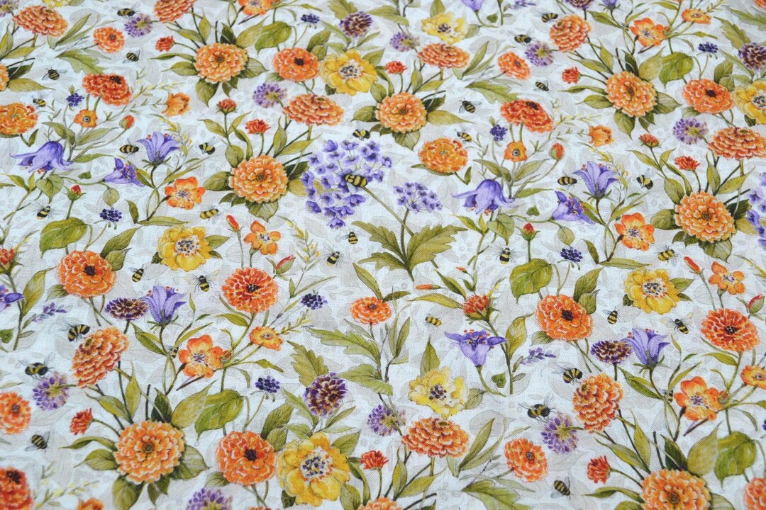 Floral Cotton Fabric: Susan Winget Meadow Flowers and Bees - 44" X 30 ...
