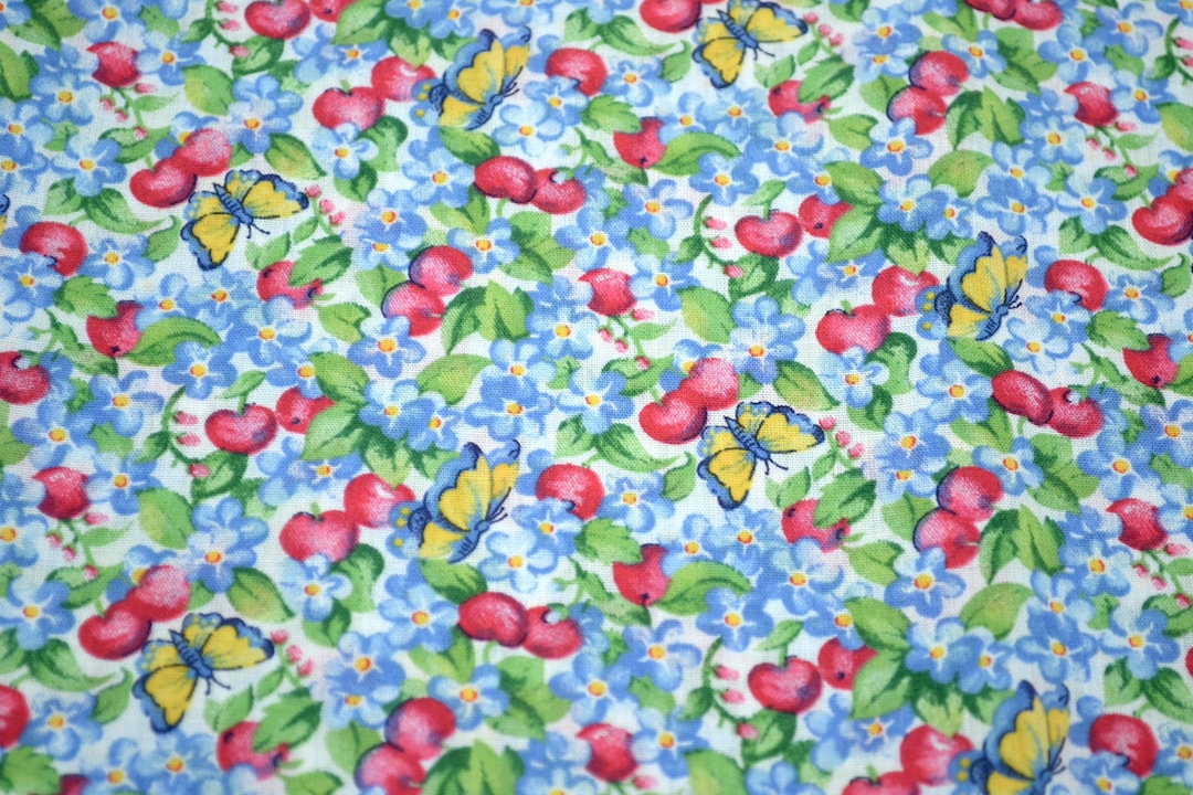 Vintage Fabric - Red Cherries Butterflies and Blue Blossoms - Polyester ...