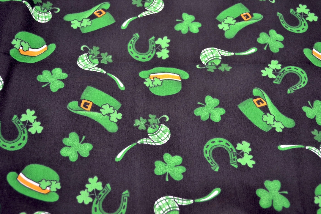 Vintage St Patricks Day Fabric - Leprechaun Hats Pipes Horseshoes and ...
