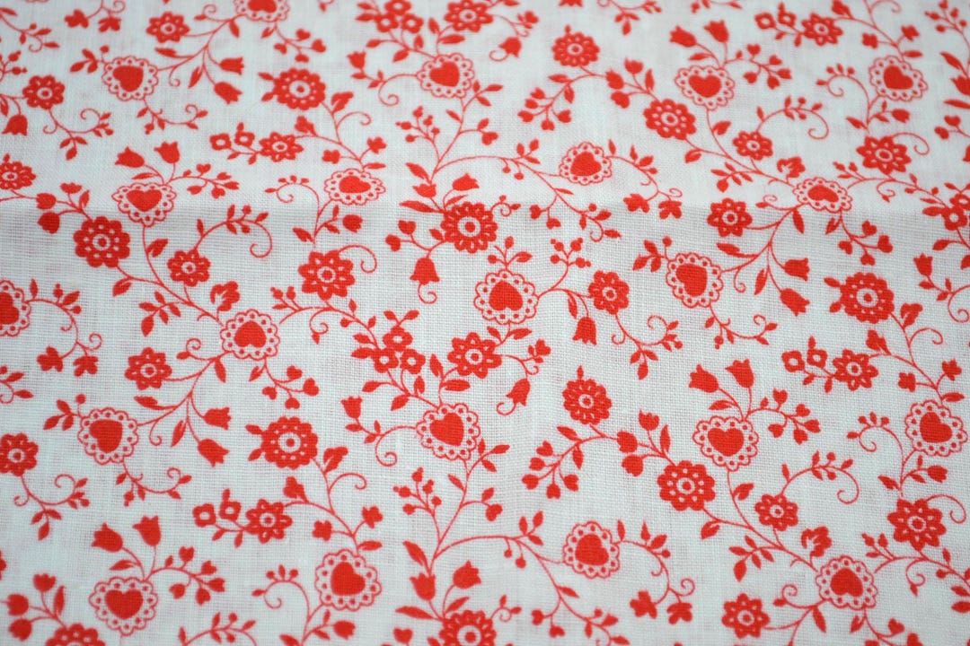 Vintage Cranston Fabric - Small Red Flowers and Hearts Vine on White ...