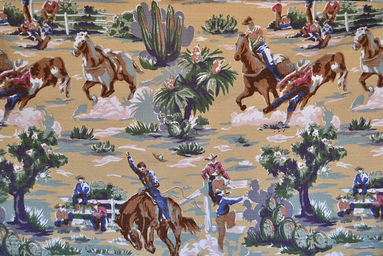 Vintage Barkcloth Fabric Cowboy Western Rodeo 2 Yards by | Etsy