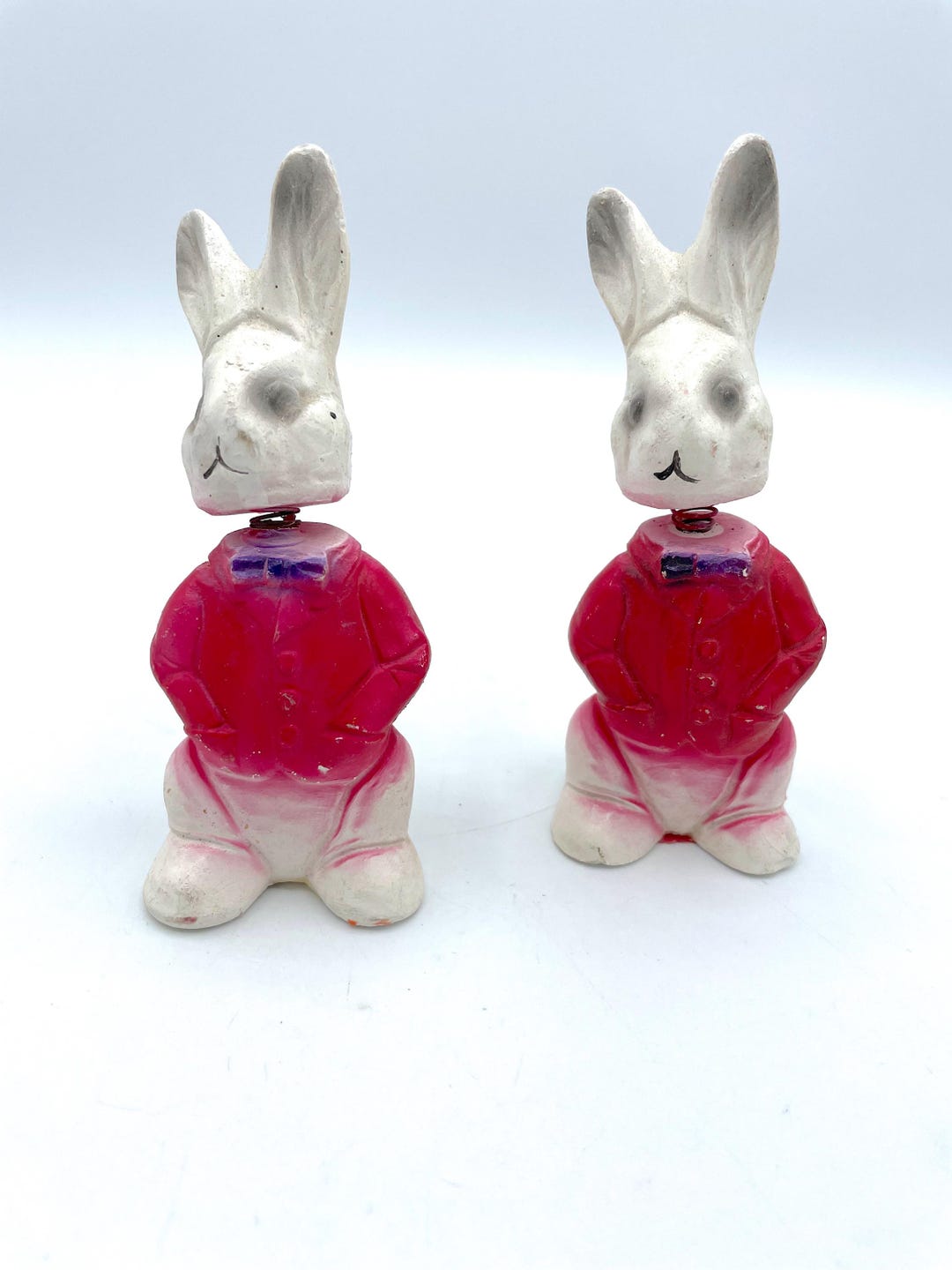 2 Vintage Easter Chalkware Bunny Rabbits With Bobbleheads - Mid Century ...