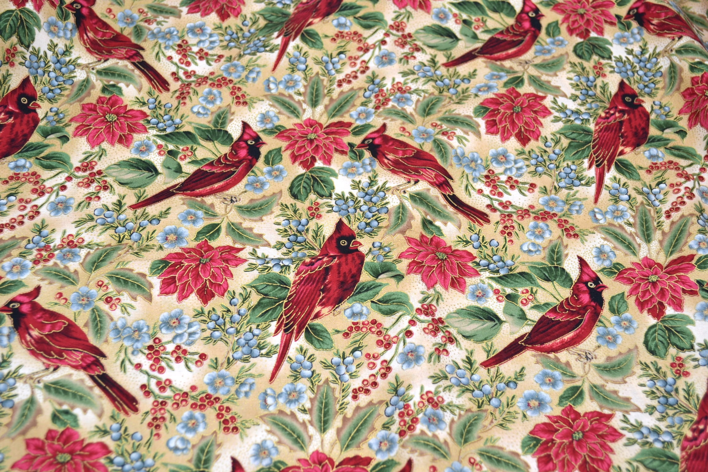 Hoffman Christmas Fabric Red Cardinal Birds and Poinsettias | Etsy