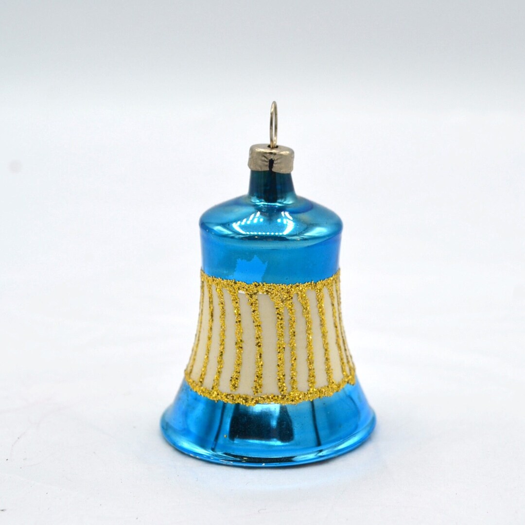 Vintage Christmas Glass Ornament - Blue and White Glitter Bell With ...