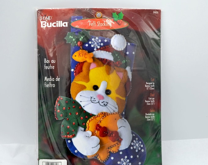 Bucilla Felt Christmas Stocking Kit - Kitty Cat With Fish - Unopened ...