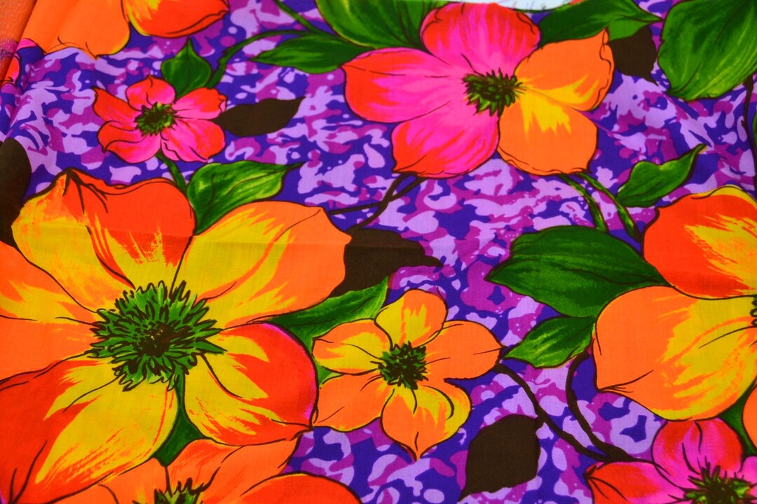 Vintage Hawaiian Floral Fabric - Mod Orange Pink and Purple Large Print ...