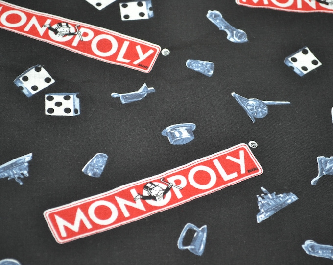 Vintage Fabric Monopoly Game Board Pieces on Black Cotton by the Half ...