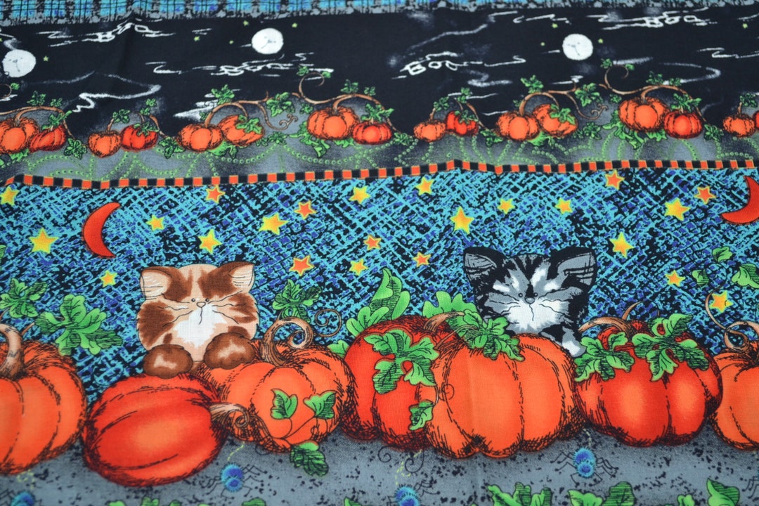 Halloween Fabric Cats in Pumpkin Patch Full Moon Stripe - Etsy