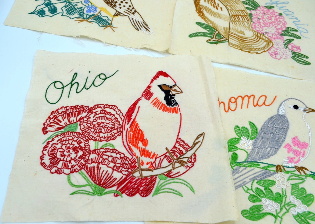 Vintage Quilt Square Embroidered State Birds and Flowers - Etsy