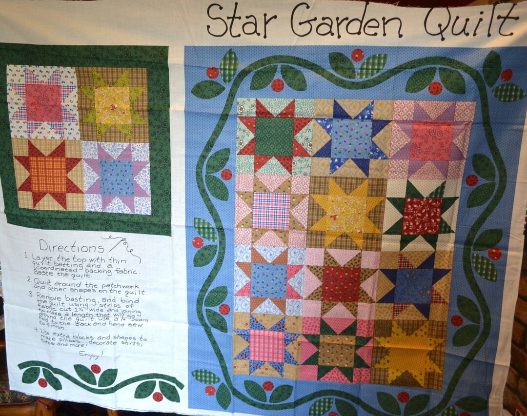 Vintage Fabric Quilt Panel - Star Garden Cheater Quilt - Calico Star Squares - Henry Glass - Etsy