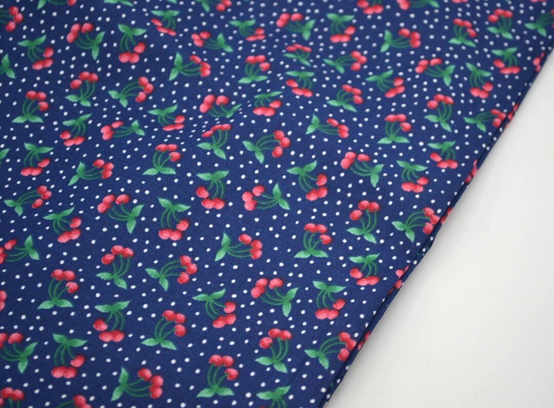 Vintage Fabric - Small Red Cherries and Dots on Navy Blue - Daisy ...
