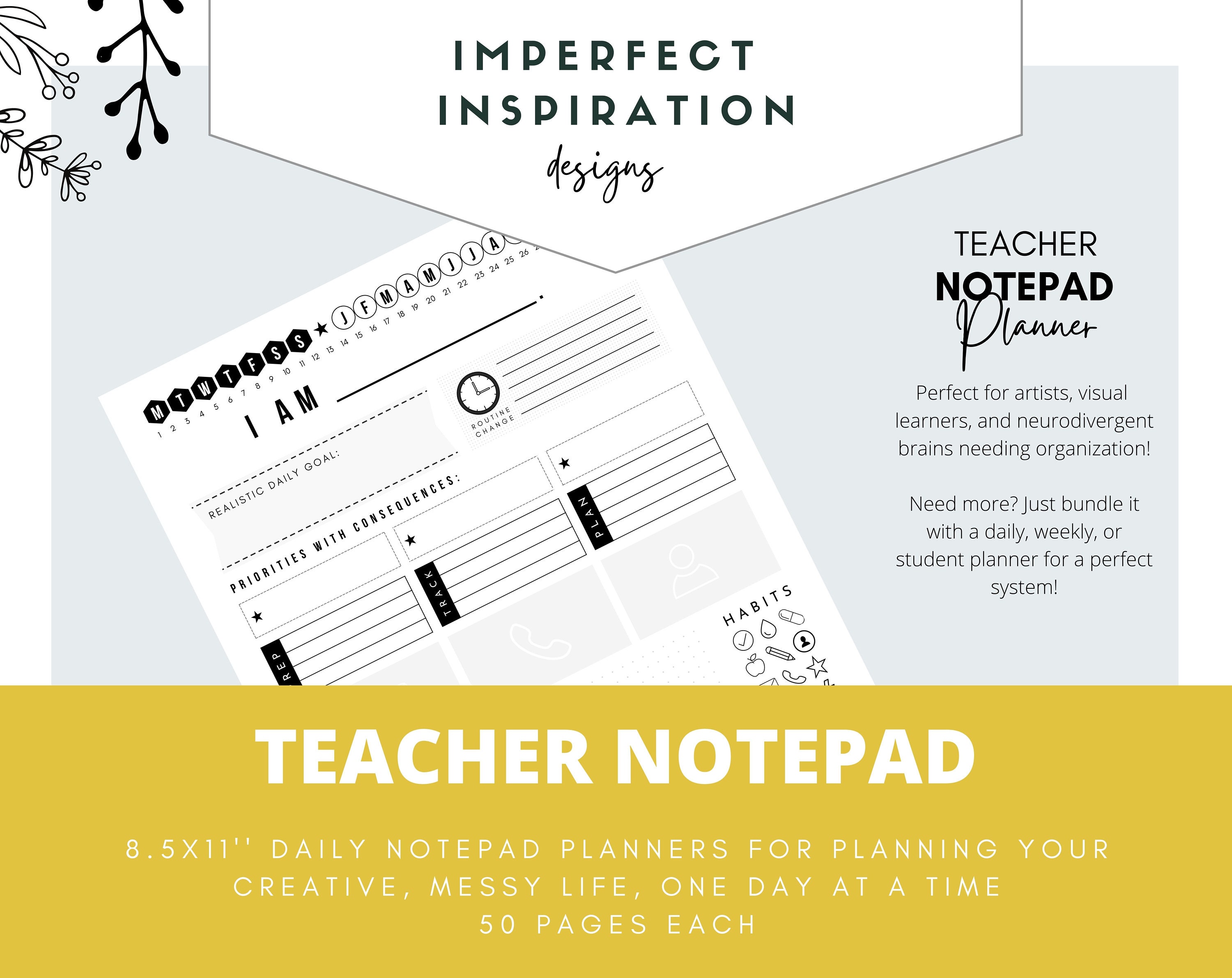 TEACHER PLANNER NOTEPAD Adhd Planner 8.5x11 50 | Etsy