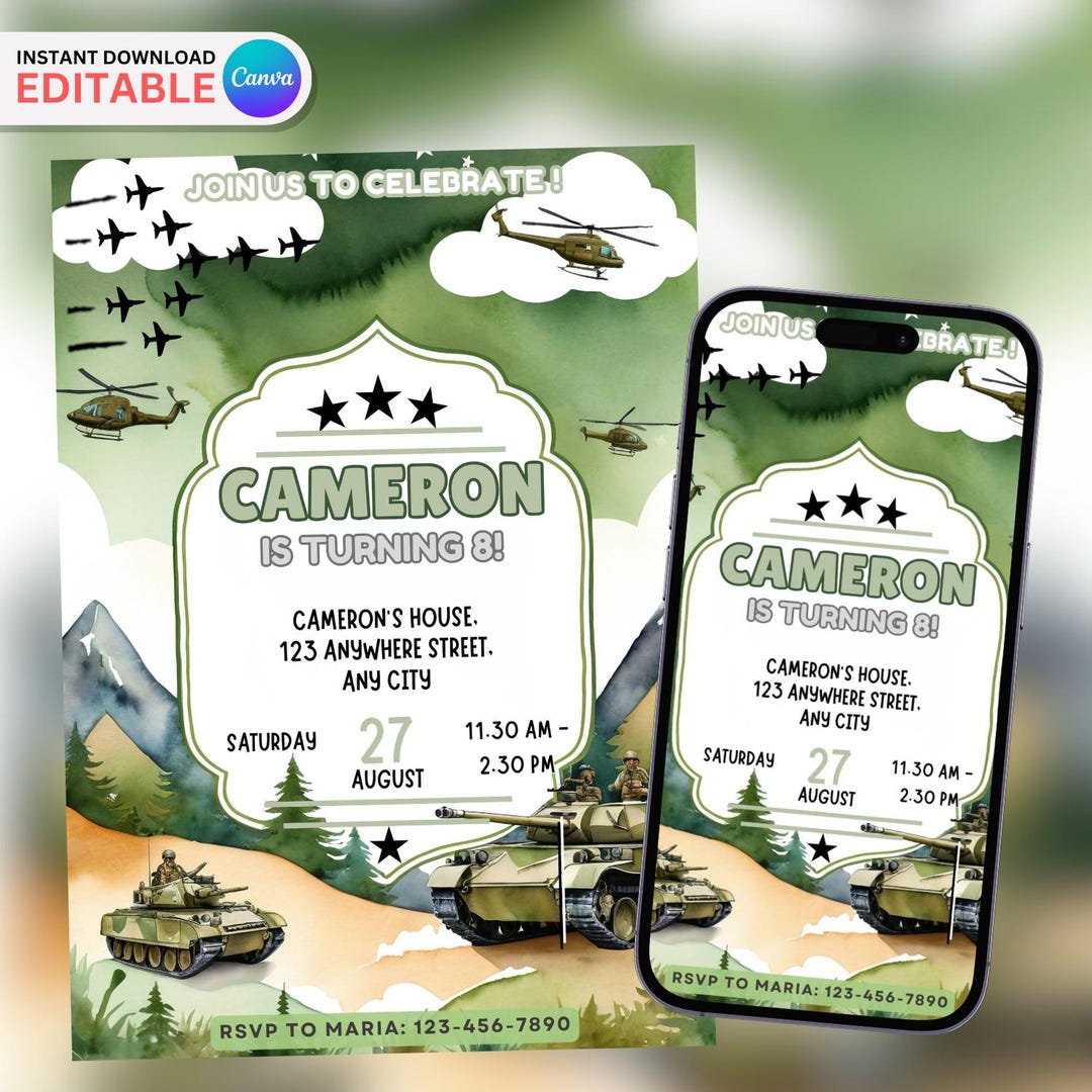 Military Theme Birthday Invitation, Camo Invite, Army Theme Invitation ...