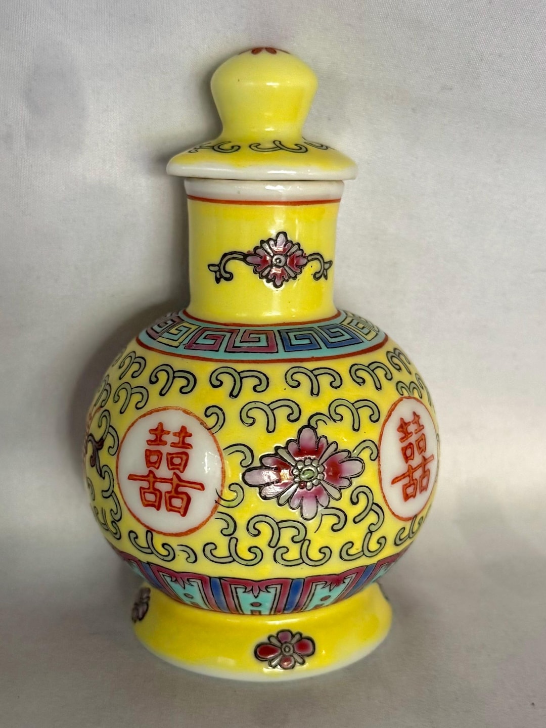 Vintage Famille Rose Yellow Mun Shou Soy Sauce Bottle and Dish Zhangguo ...