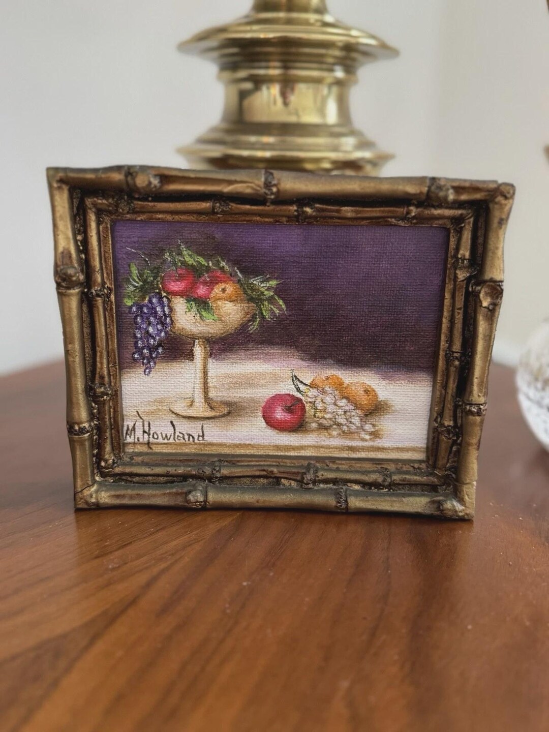 Vintage Still Life Painting: Fruit Bowl, Gilded Bamboo Frame, Signed M ...
