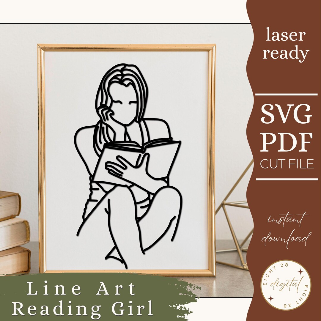 Arte lineal SVG de chica leyendo, archivo láser para amantes de los ...