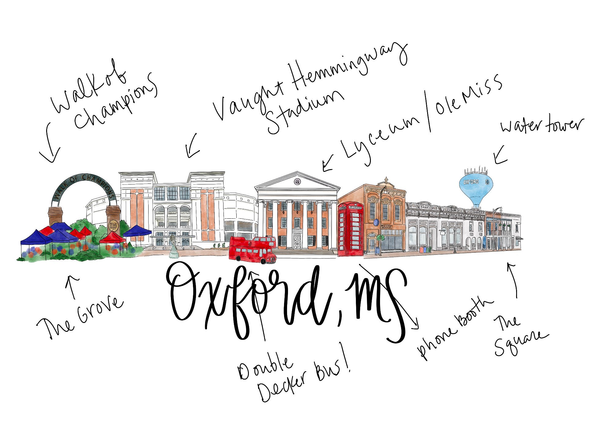 Oxford, MS Mississippi Skyline Print, Oxford Art, Double Decker Bus ...