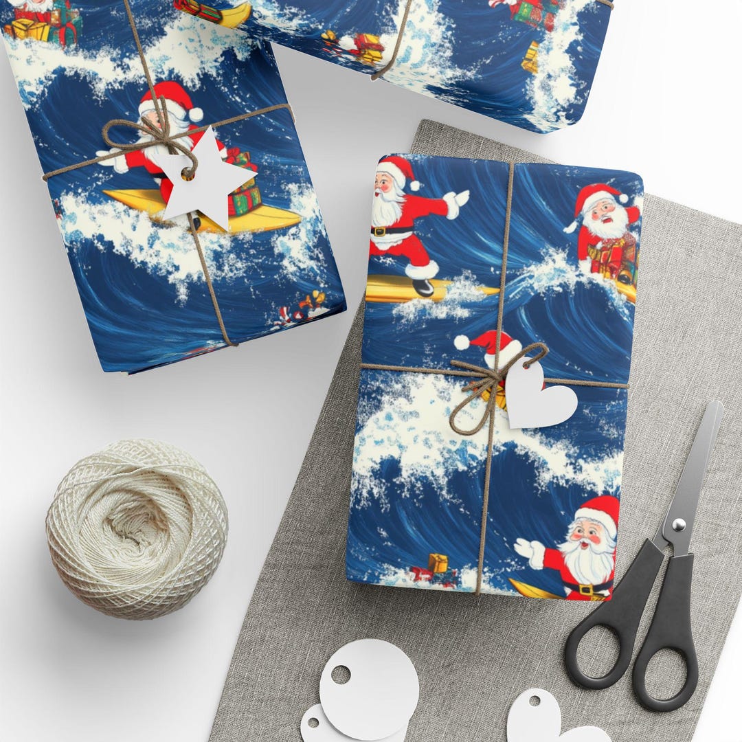 Surfing Santa Christmas Wrapping Paper Tropical Holiday Gift Wrap With ...