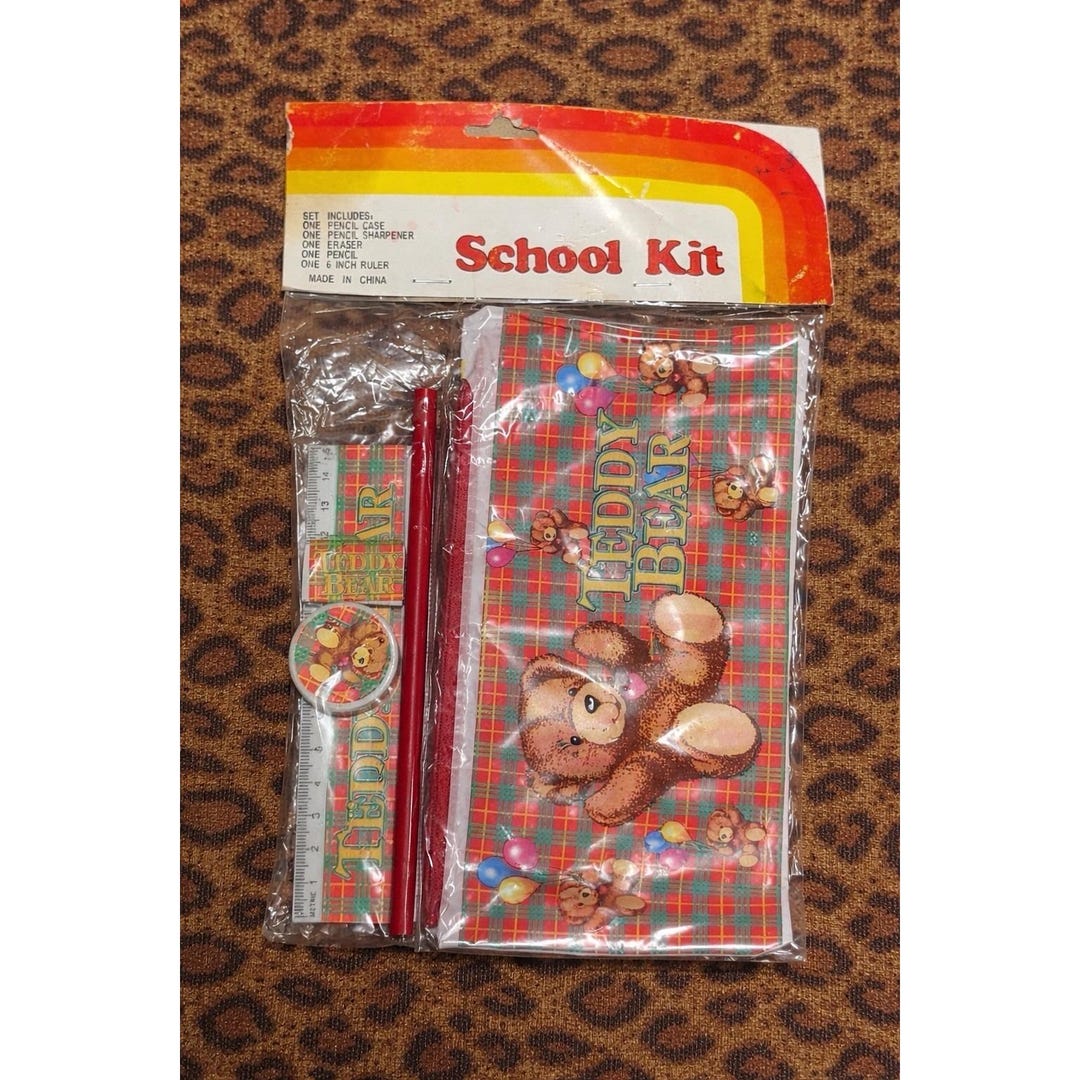 Teddy Bear School Kit Set Pencil Case Eraser Ruler Sharpener NOS 1980s ...