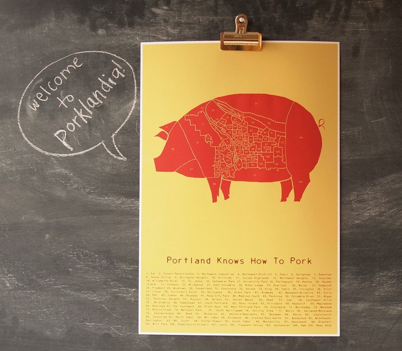 Portland Knows How to Pork - Neighborhood Butchery Map Poster - Etsy