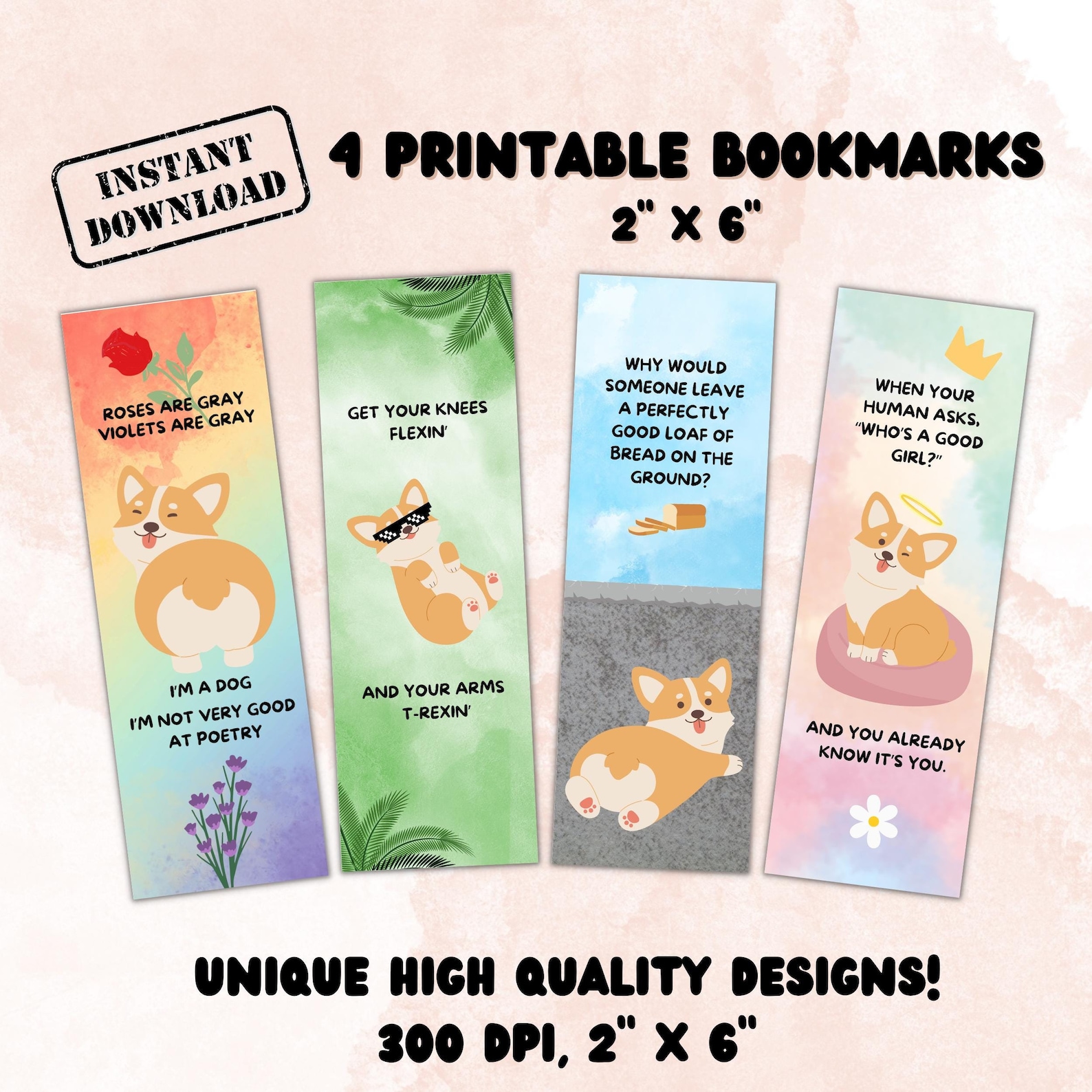 Set of 4 Corgi Printable Bookmarks, Digital Bookmarks, Funny Corgis ...