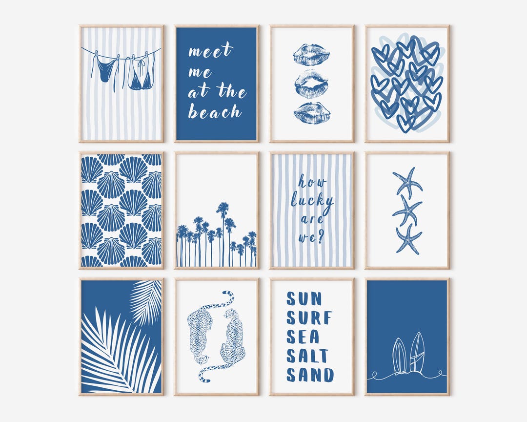 Navy Blue Beach Prints Set of 12, Preppy Coastal Wall Art, Trendy Girly ...