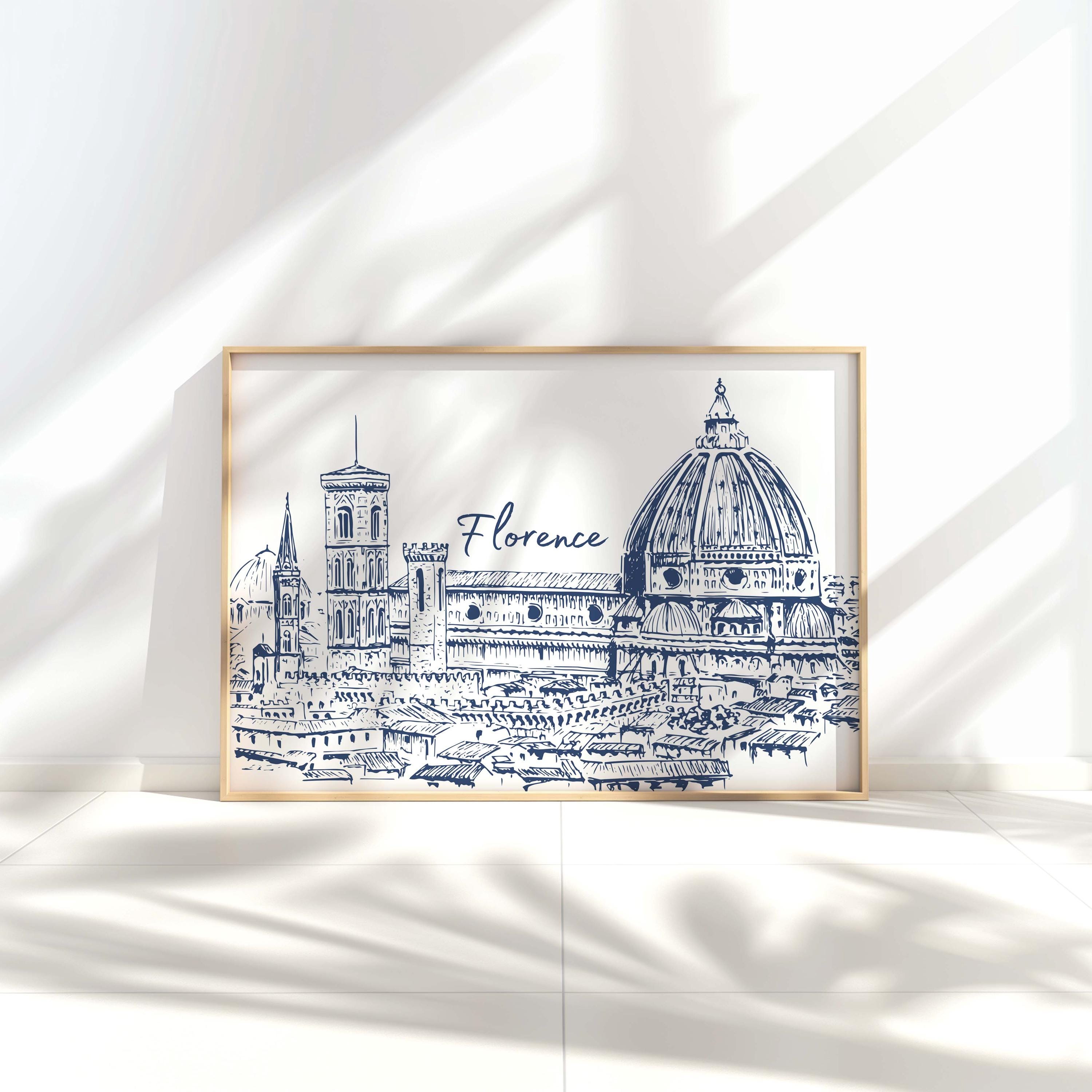 Florence Travel Poster, Retro Italy Print, Navy Blue Trendy Wall Art ...