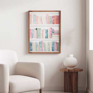 Pastel Book Lover Print, Colorful Bookshelf Painting, Reading Nook Wall ...